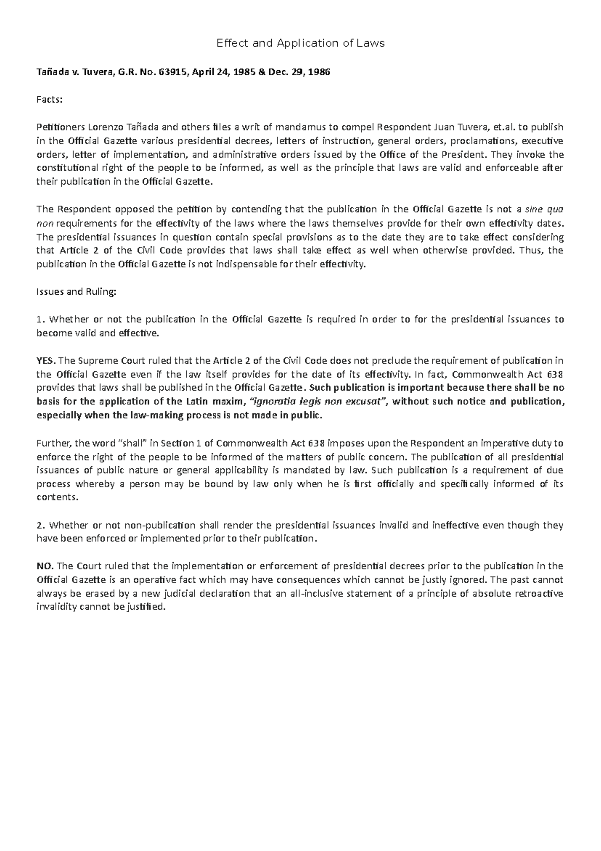 PFL CD 1 - PFL Case Digests - Effect and Application of Laws Tañada v ...