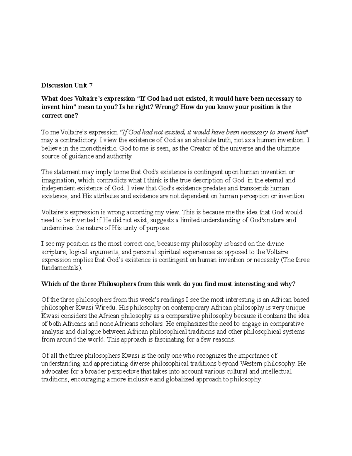 Discussion Unit 7 Introduction to Philosophy - Discussion Unit 7 What does Voltaire’s expression ...