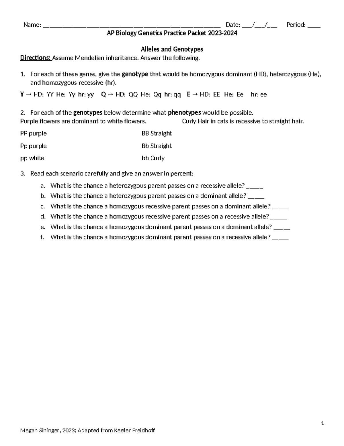 Copy of Copy of AP Biology: Genetics Practice Packet 2024 - Name: - Studocu