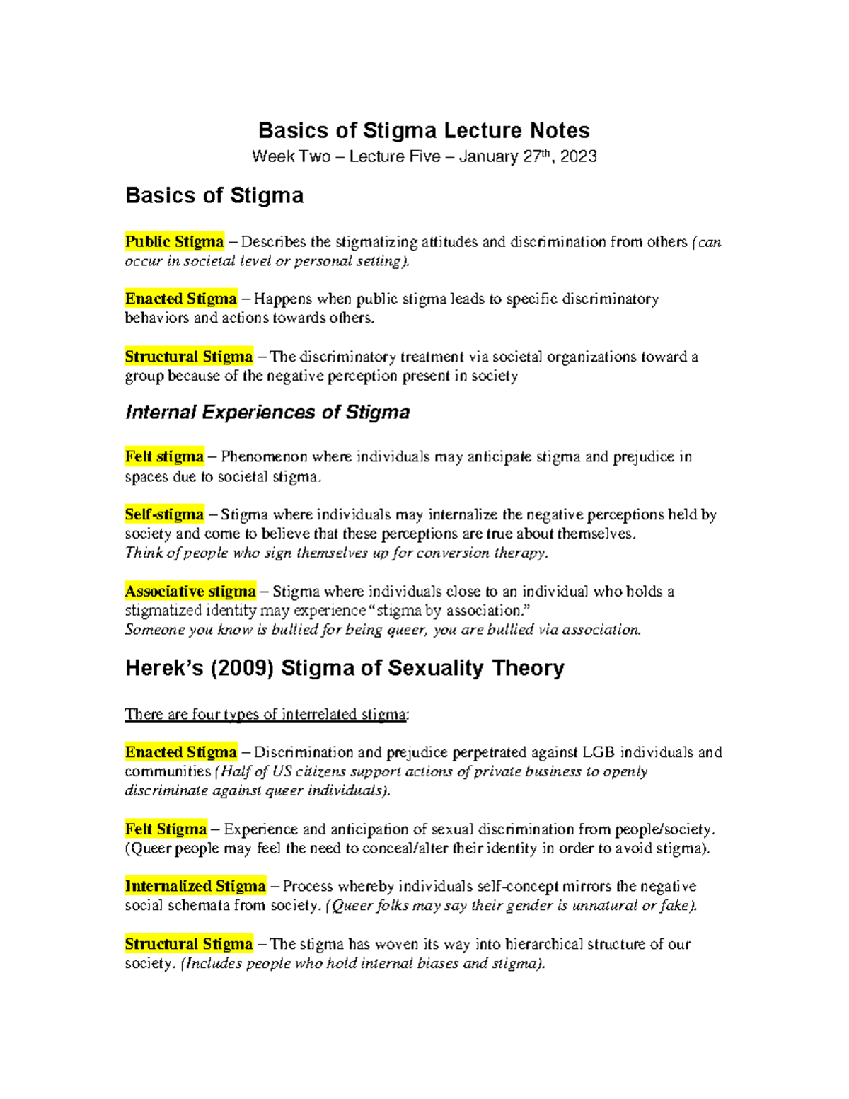 01-27-23 Lecture Notes: Basics of Stigma - Basics of Stigma Lecture ...