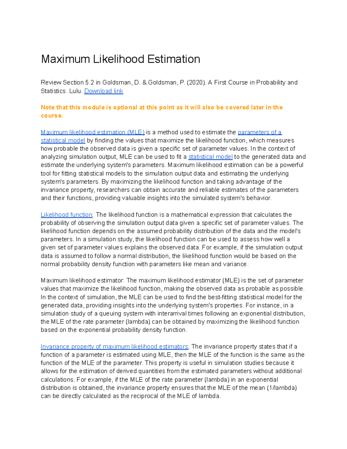 M2L15 Maximum Likelihood Estimation - Maximum Likelihood Estimation Review Section 5 in Goldsman ...