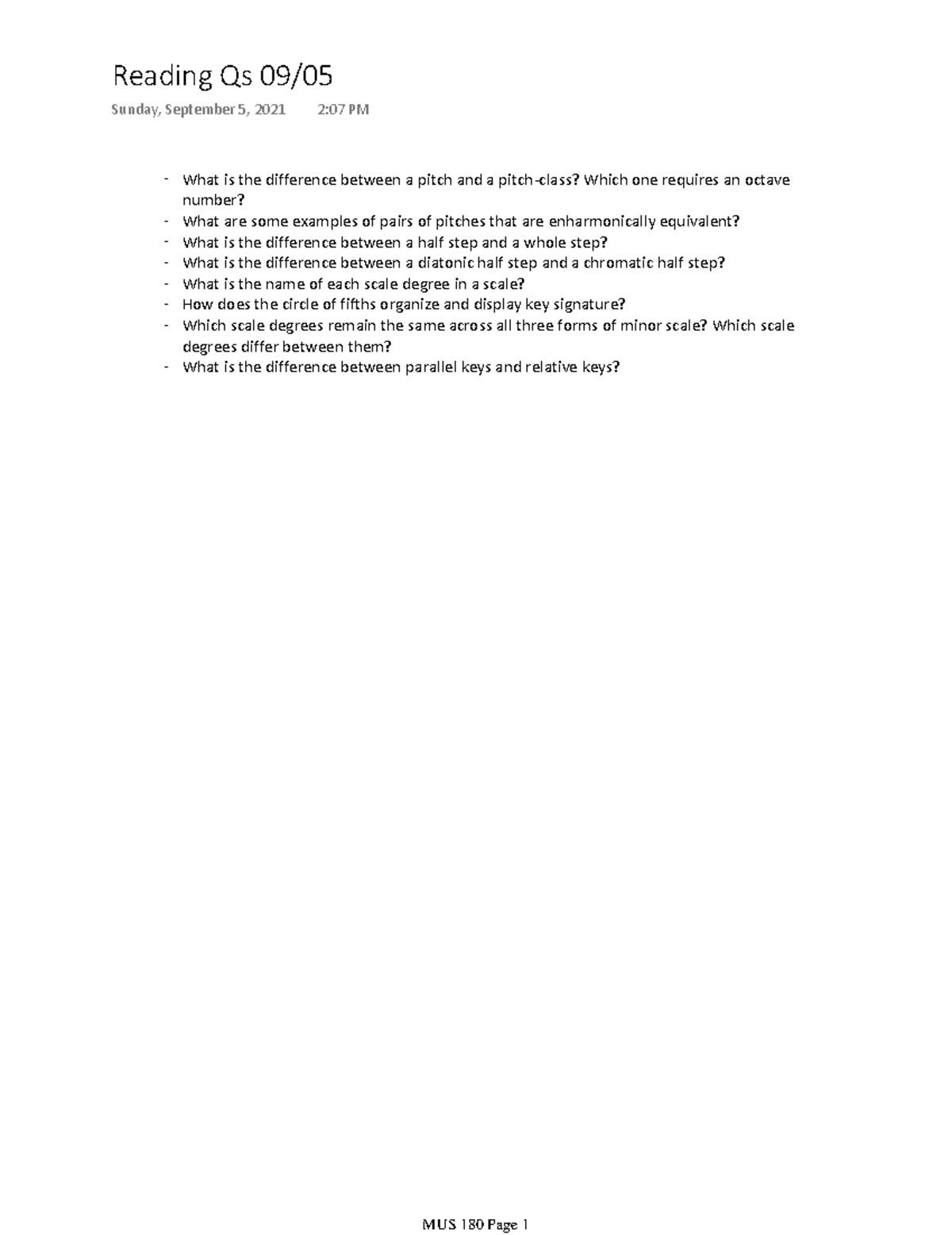 MUS 180 - Lecture notes All - Reading Qs Sunday, September 5, 2021 2:07 ...