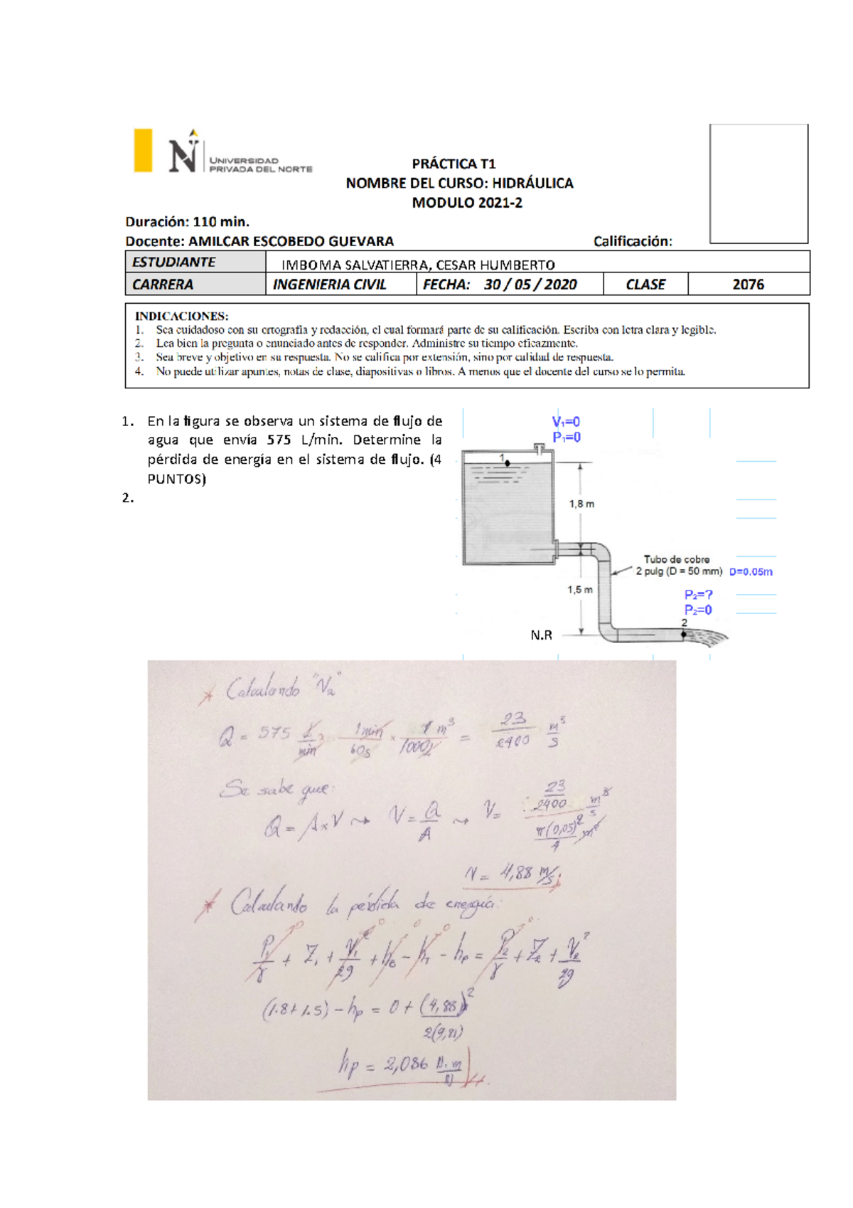 T1 Hidraulica Imboma - DDD - Ingeniería - En la figura se observa un ...