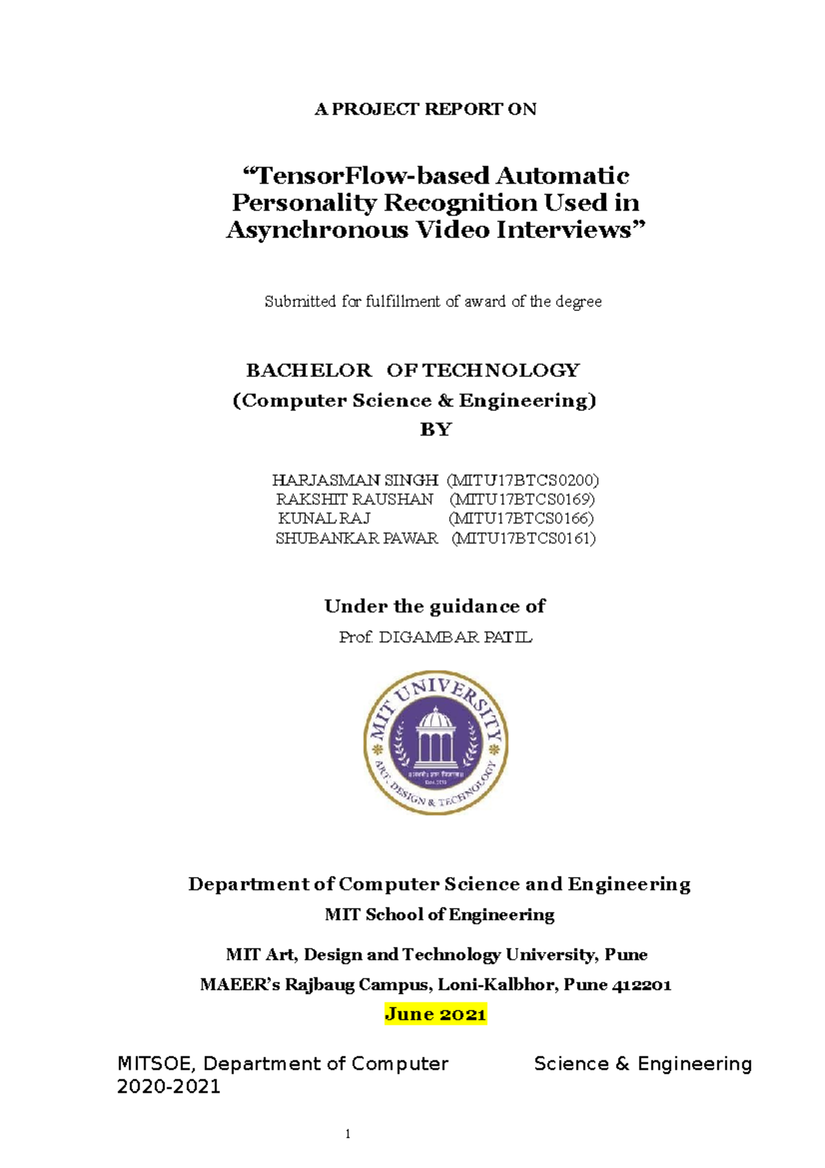 Final Project report format - A PROJECT REPORT ON “TensorFlow-based ...