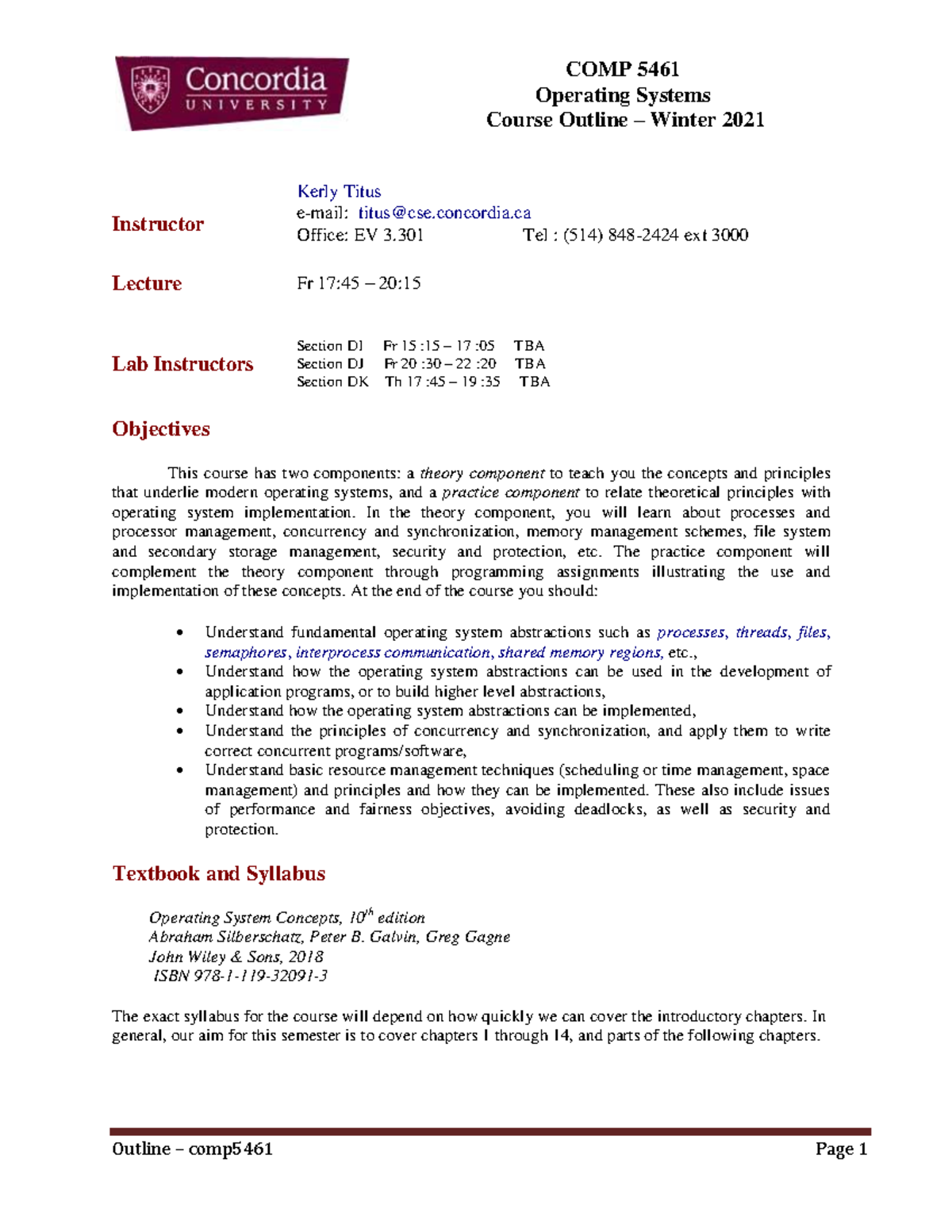 Comp-outline - Outline - COMP 5 461 Operating Systems Course Outline ...