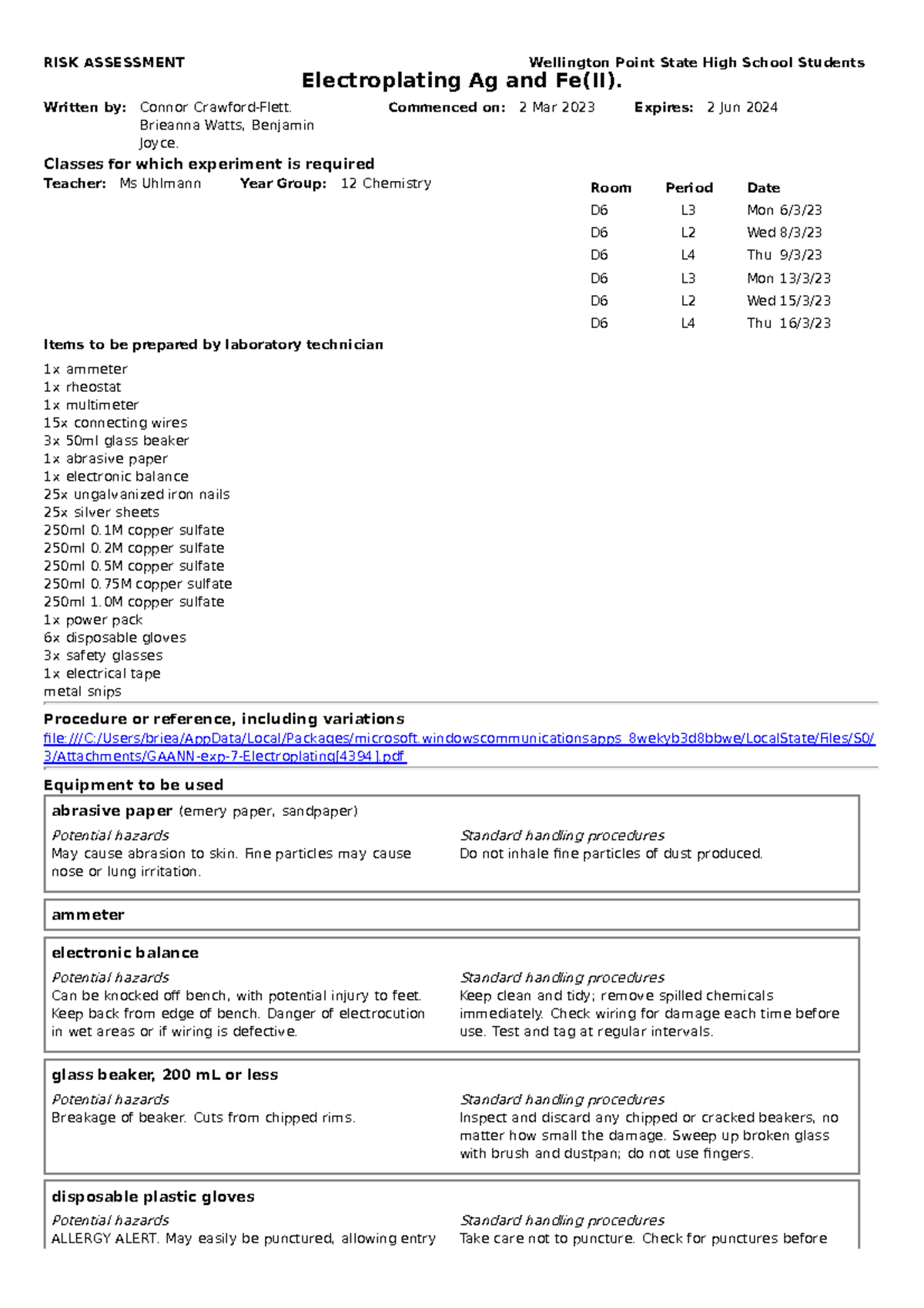 Electroplating ag and fe ii - Teacher: Ms Uhlmann Year Group: 12 Chemistry Room Period Date D6 ...