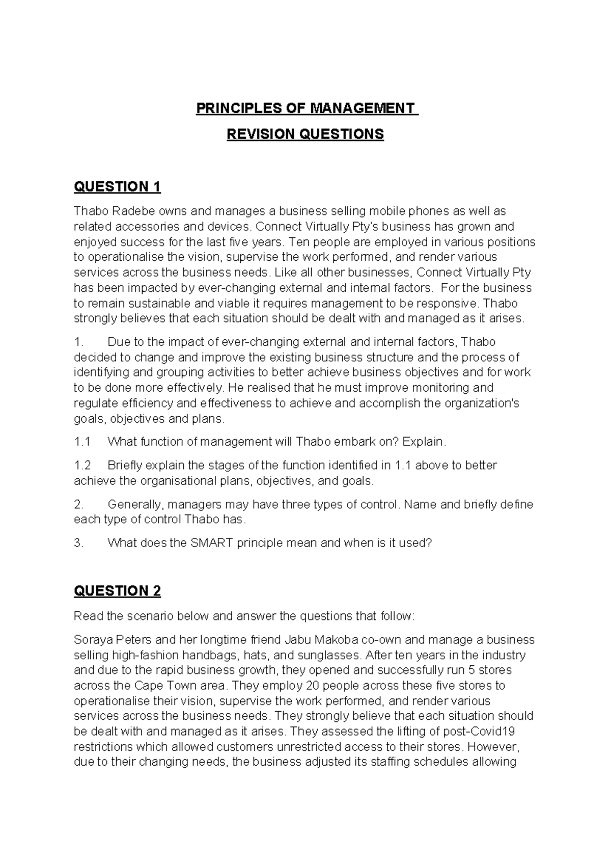 Management Revision Questions - PRINCIPLES OF MANAGEMENT REVISION ...