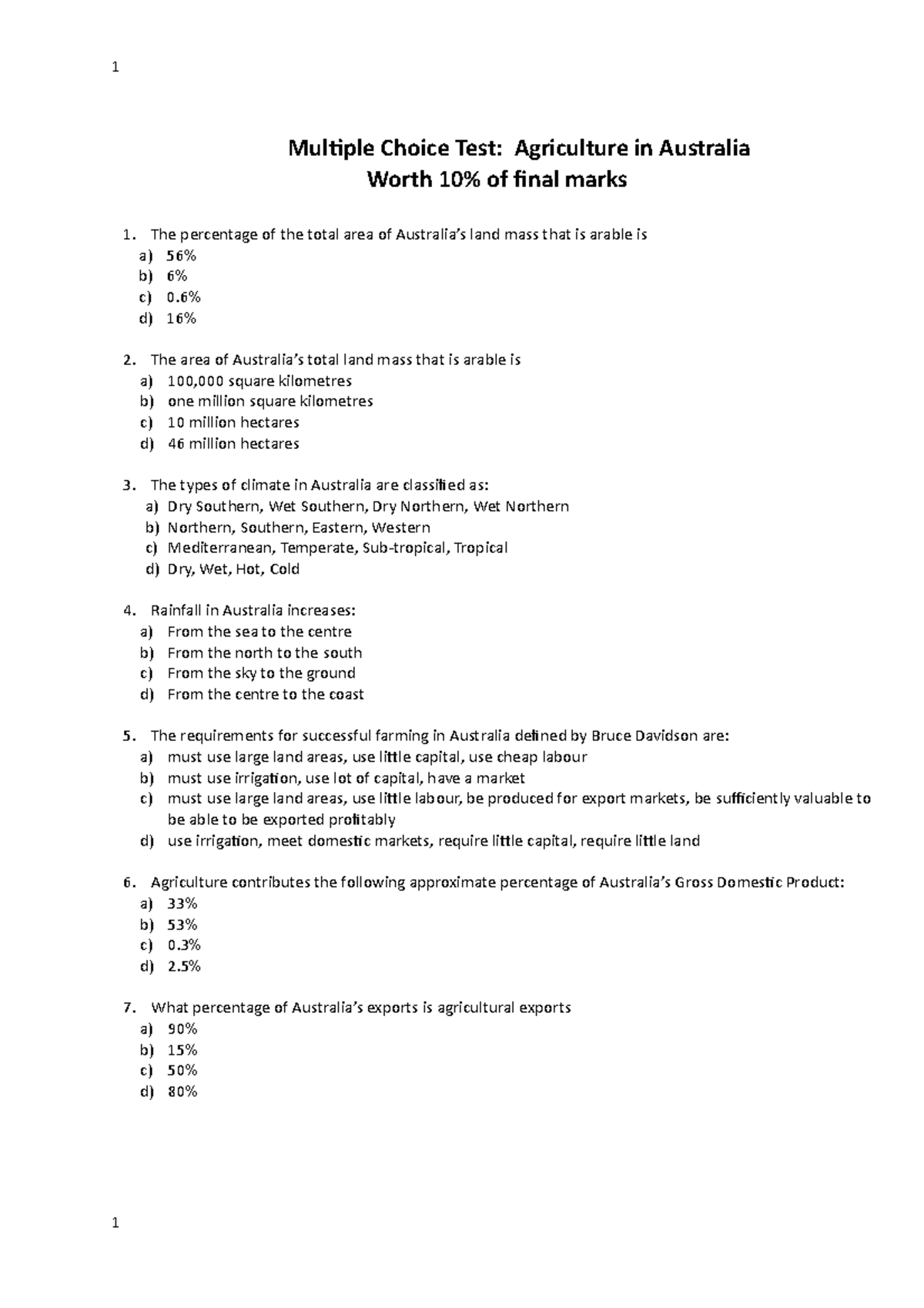 Multiple choice questions Agriculture in Australia 2020 - Multiple ...