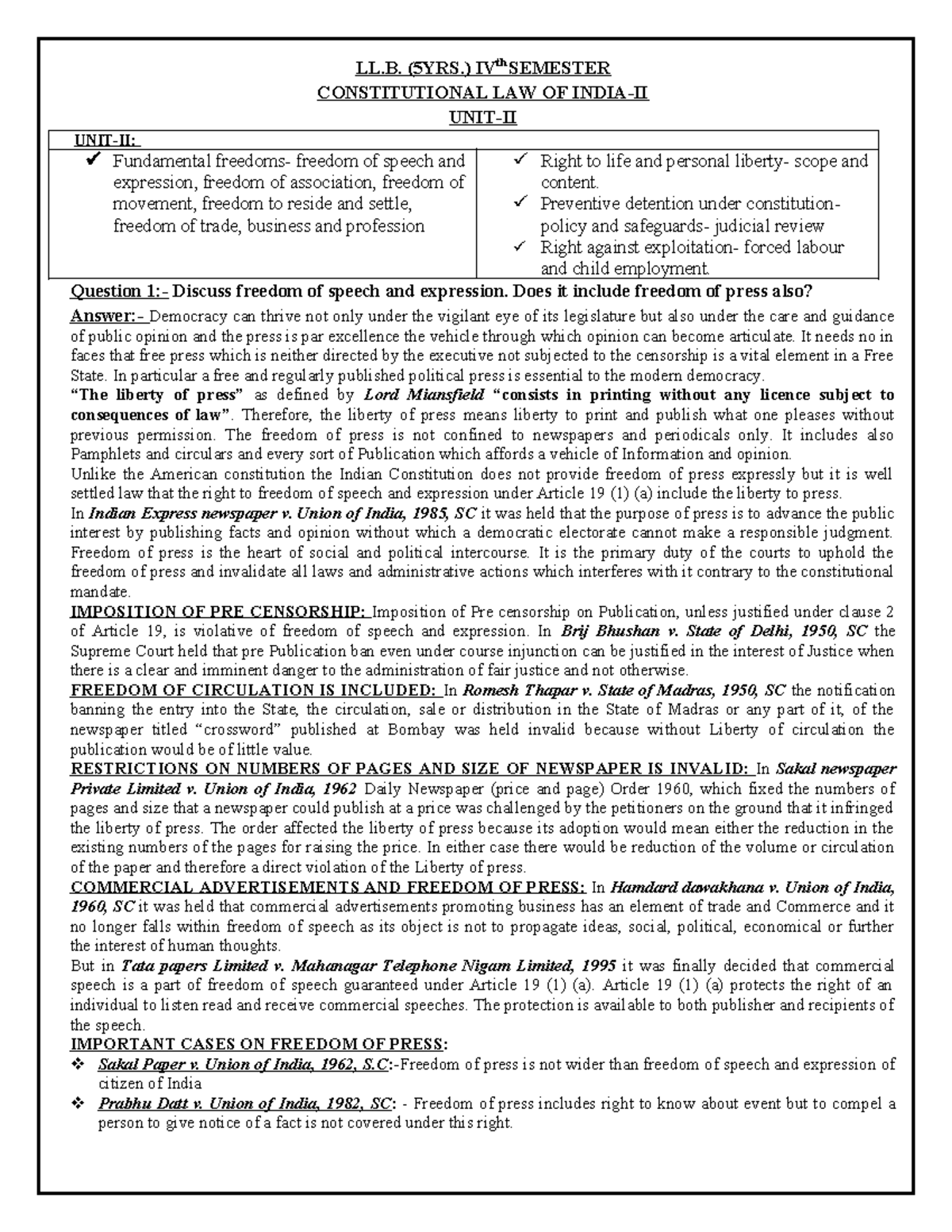 5y unit 2 long - LL. (5YRS.) IVth SEMESTER CONSTITUTIONAL LAW OF INDIA ...