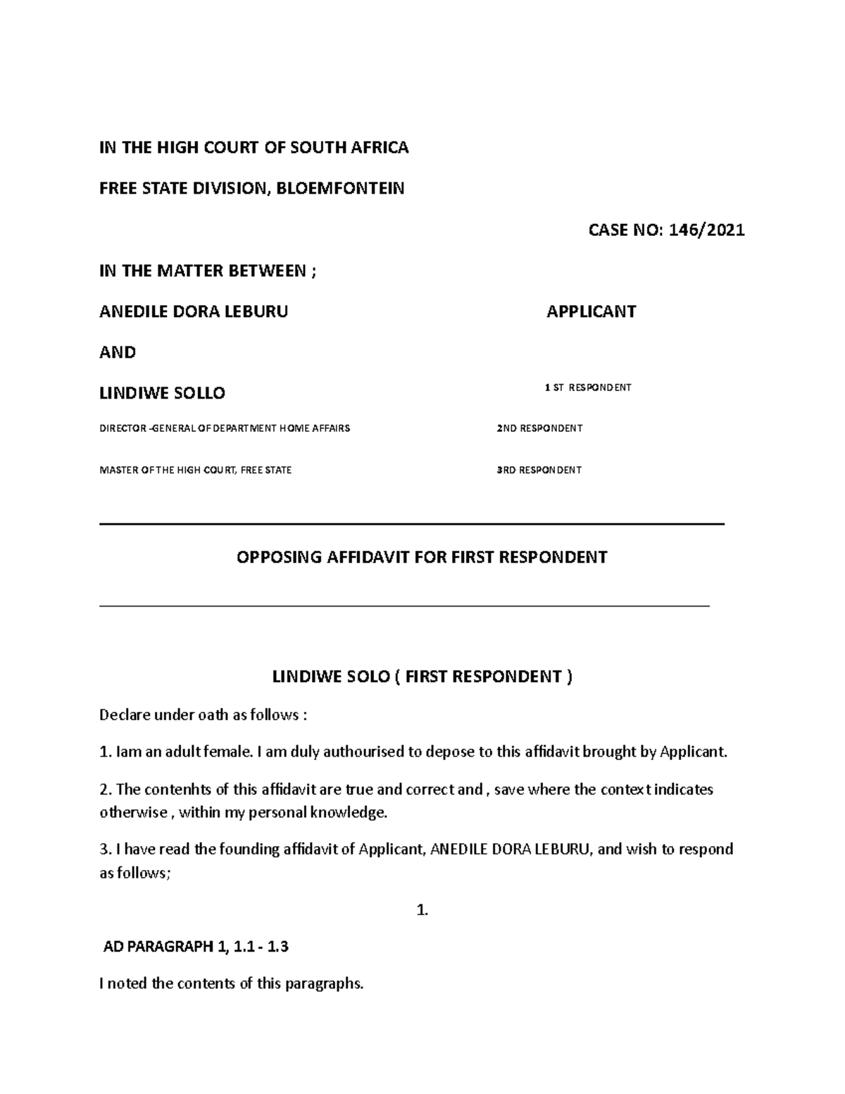Confirmatory Affidavit Lindiwe - IN THE HIGH COURT OF SOUTH AFRICA FREE ...