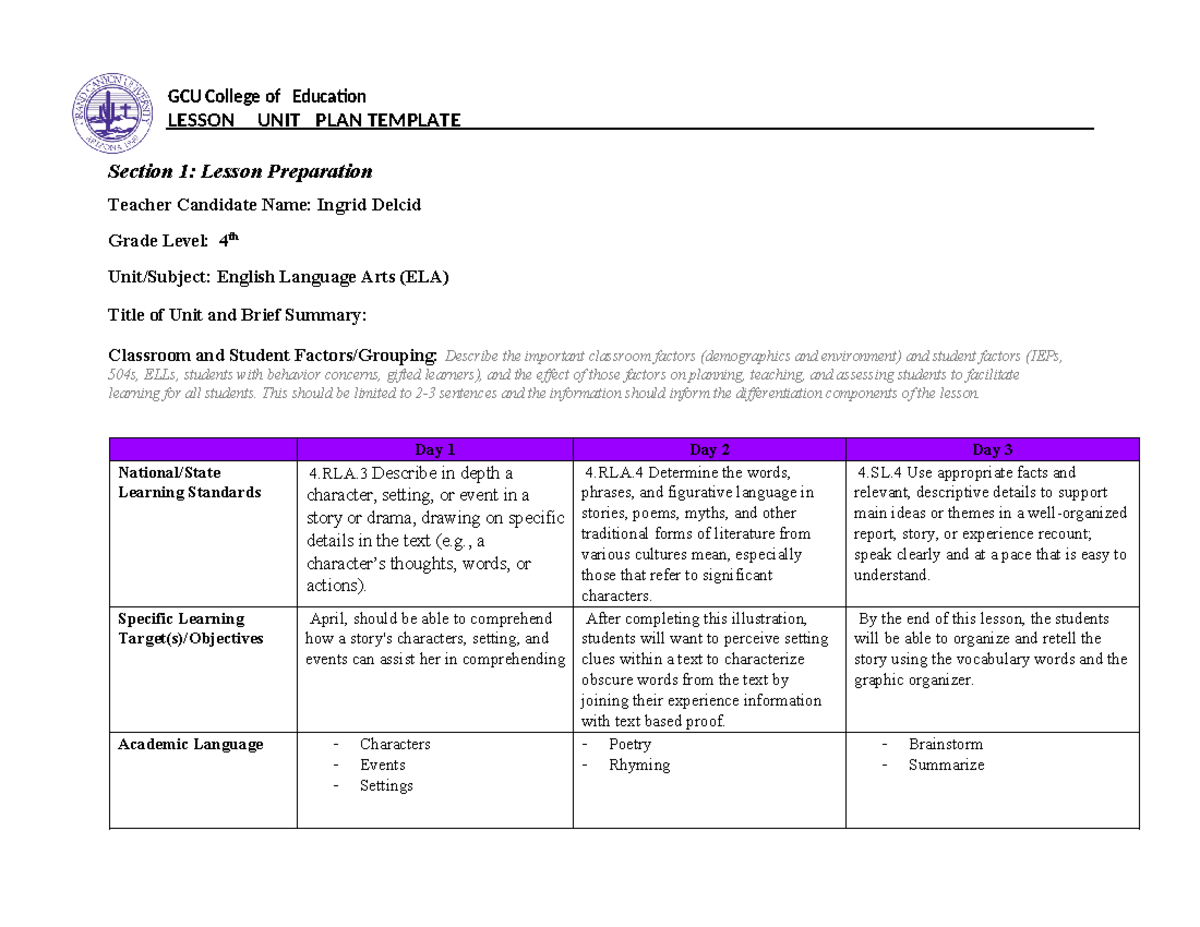 Spd-330 3 day unit plan template - Section 1: Lesson Preparation ...
