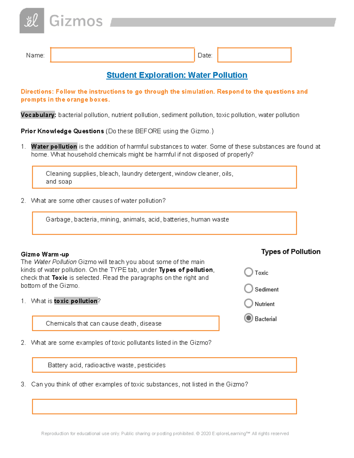 Gizmo - Water Pollution Student Exploration Sheet - Name: Date: Student ...