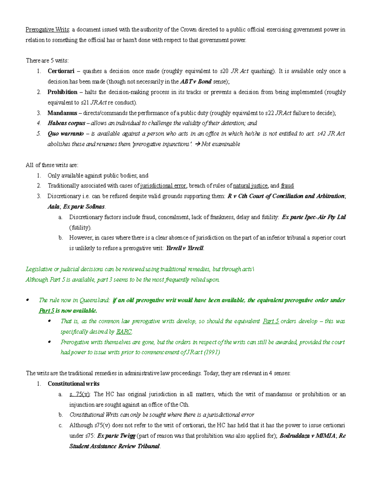 Summary - lecture Prerogative writs - Prerogative Writs: a document ...