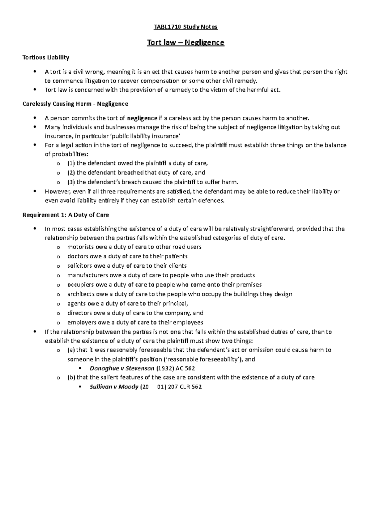 TABL1710 Study Notes - TABL1710 Study Notes Tort law – Negligence ...