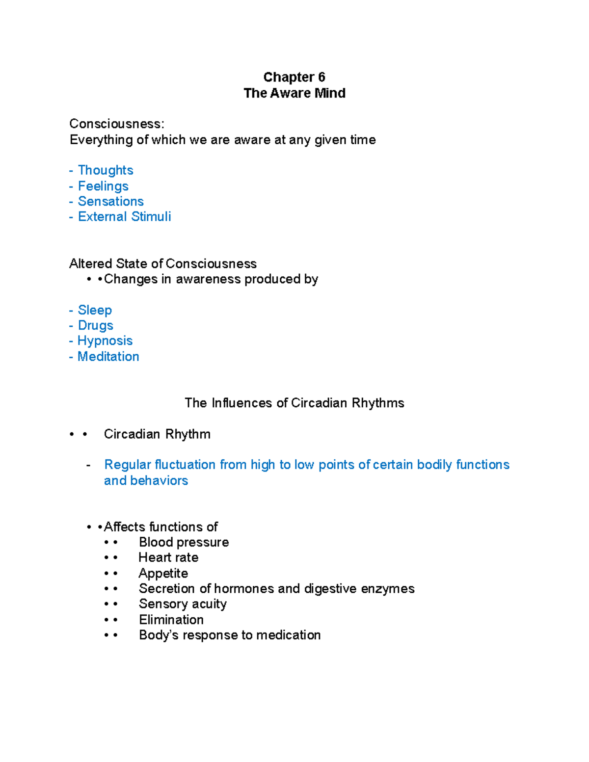 Psych Chapter 6 - Beth Gerace - Chapter 6 The Aware Mind Consciousness ...
