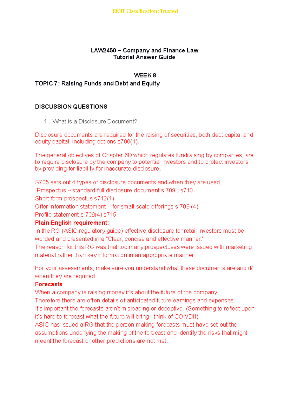 Week 8 - Company Law - Tutorial Answer Guide Finance and Debt v Equity - LAW2450 – Company and ...