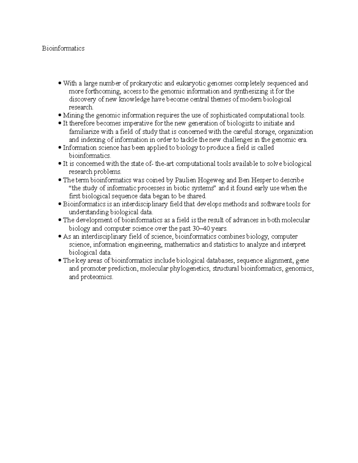 Bioinformatics - notes - Bioinformatics With a large number of ...