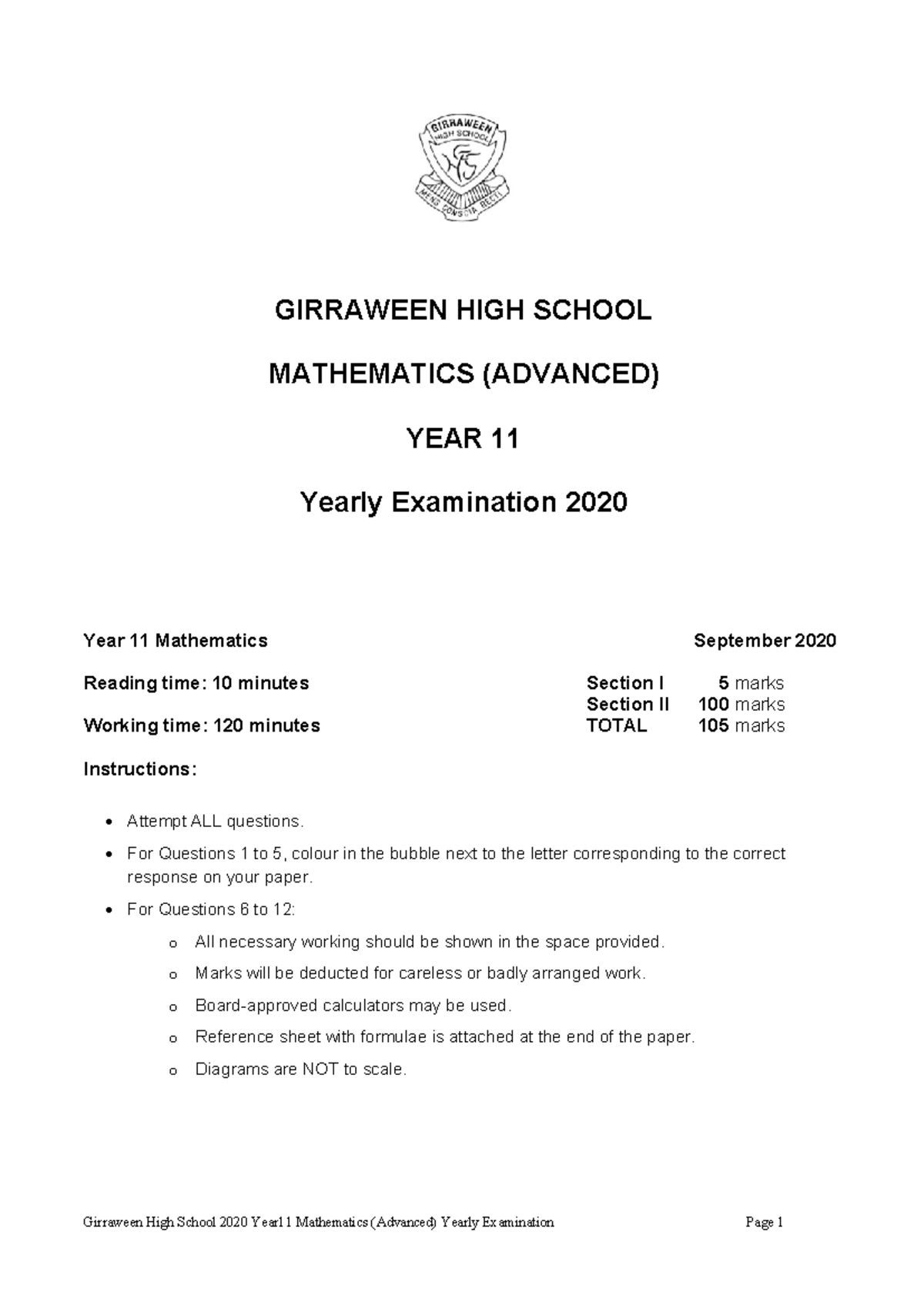 2020 Y11 2U Yearly - Questions - GIRRAWEEN HIGH SCHOOL MATHEMATICS ...