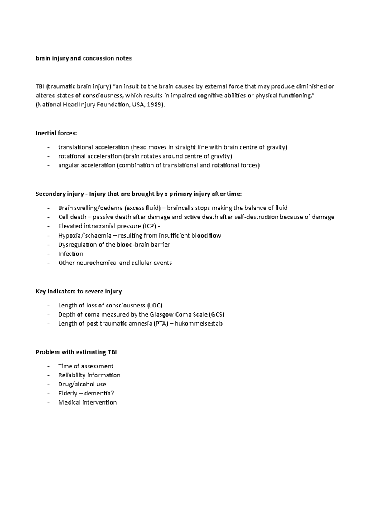 Brain injury and concussion notes - ” (National Head Injury Foundation ...
