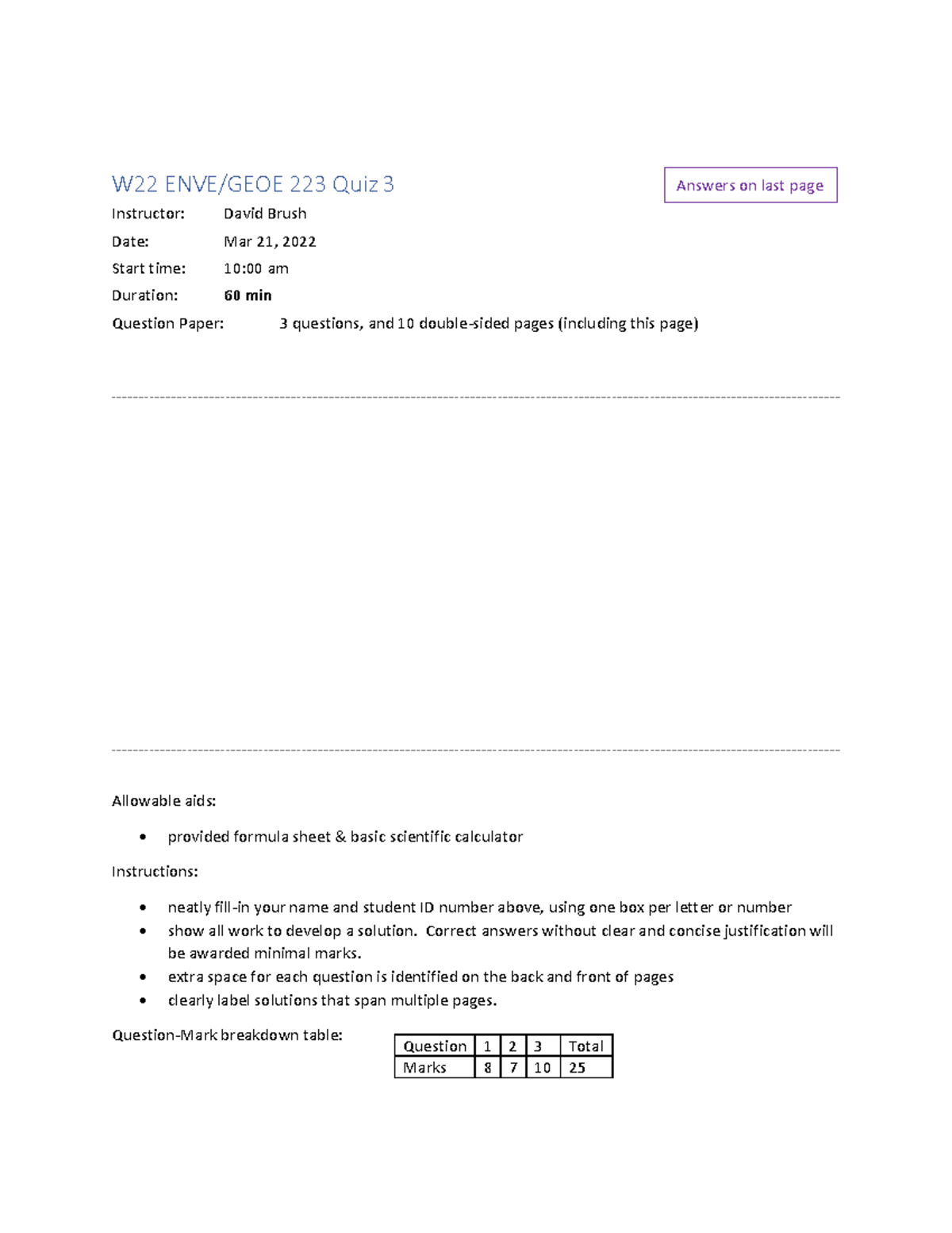 W22 ENVE GEOE 223 Quiz3 with answers - W22 ENVE/GEOE 223 Quiz 3 ...