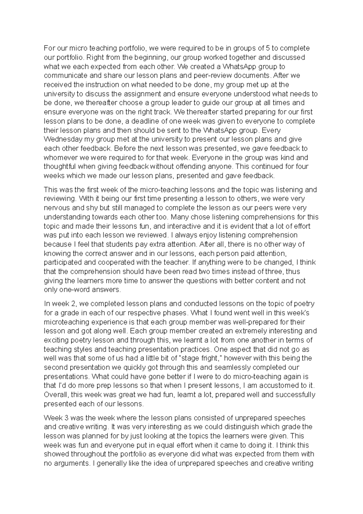 Group reflection - Portfolio - For our micro teaching portfolio, we ...