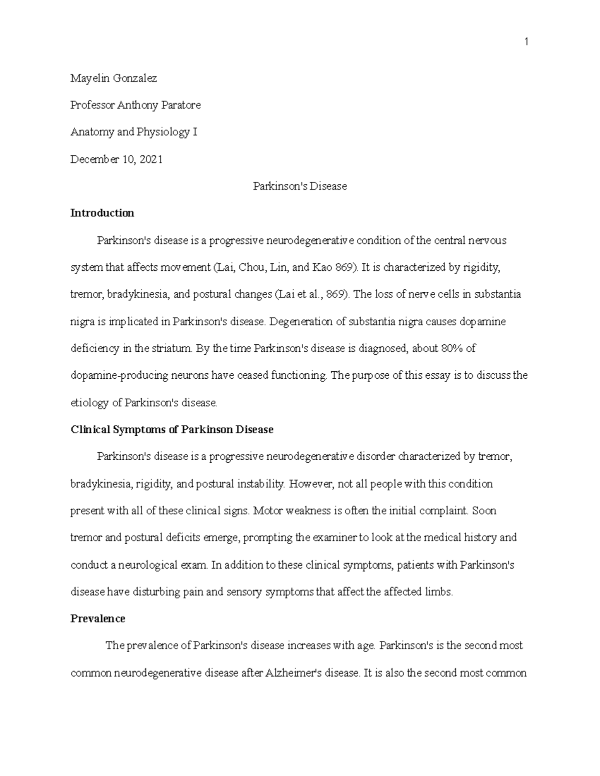 Parkinson's Disease - Mayelin Gonzalez Professor Anthony Paratore ...