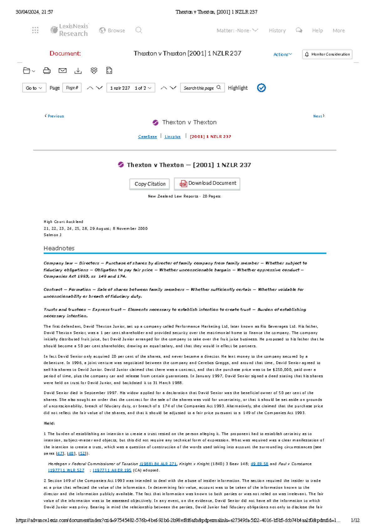 Thexton v Thexton, [2001 ] 1 NZLR 237 - Document: Thexton v Thexton ...