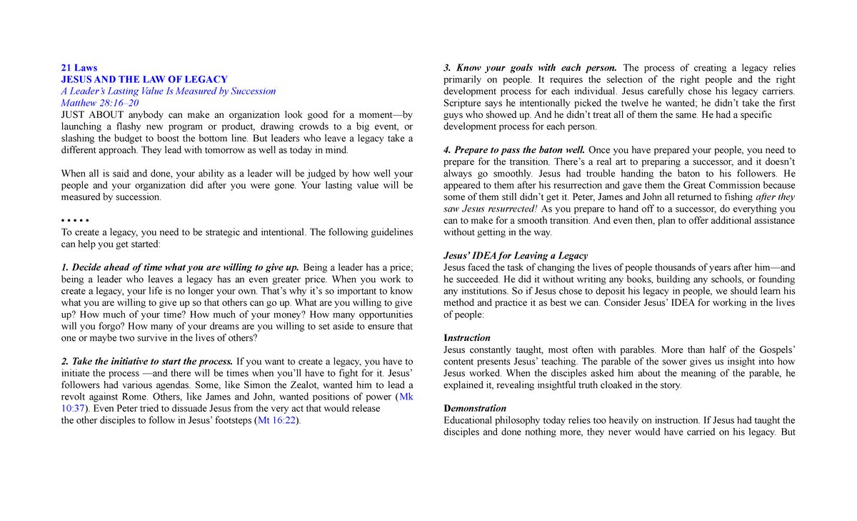 THE LAW OF Explosive Legacy 21 - 21 Laws JESUS AND THE LAW OF LEGACY A ...