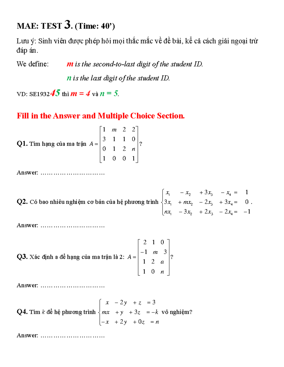 MAE Test3 - Practice Test - MAE: TEST 3. (Time: 40 ’) Lưu ý: Sinh viên ...