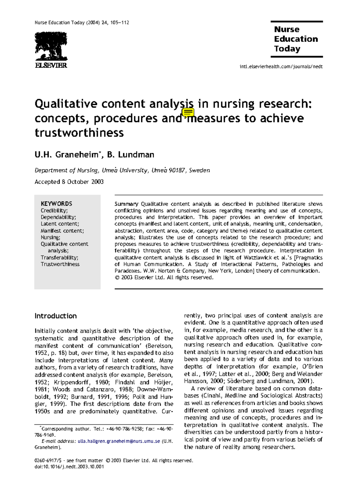 Artikel Graneheim m fl 2004 (1) - Qualitative content analysis in ...