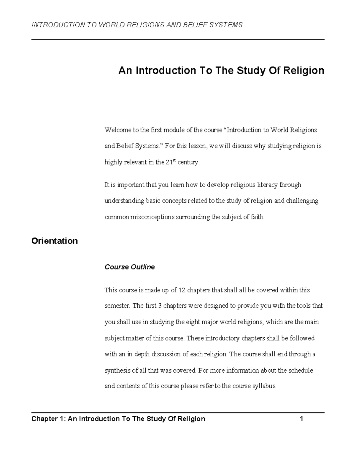 Week 001 - An Introduction To The Study Of Religion - INTRODUCTION TO WORLD RELIGIONS AND BELIEF ...