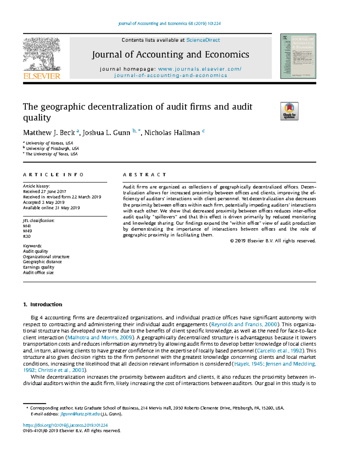 The geographic decentralization of audit firms and audit quality - Beck ...