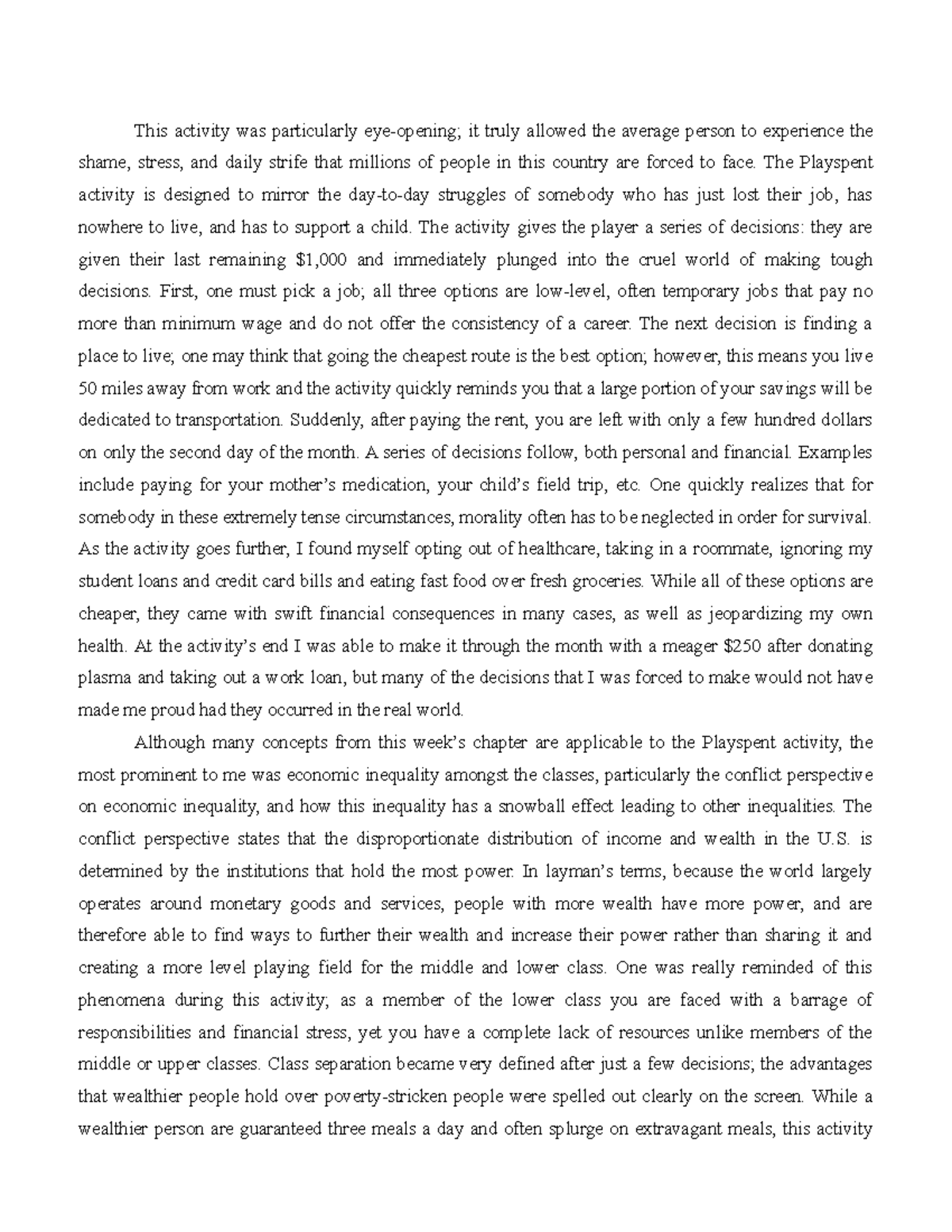 Extra Credit Reflection: Playspent - This activity was particularly eye ...