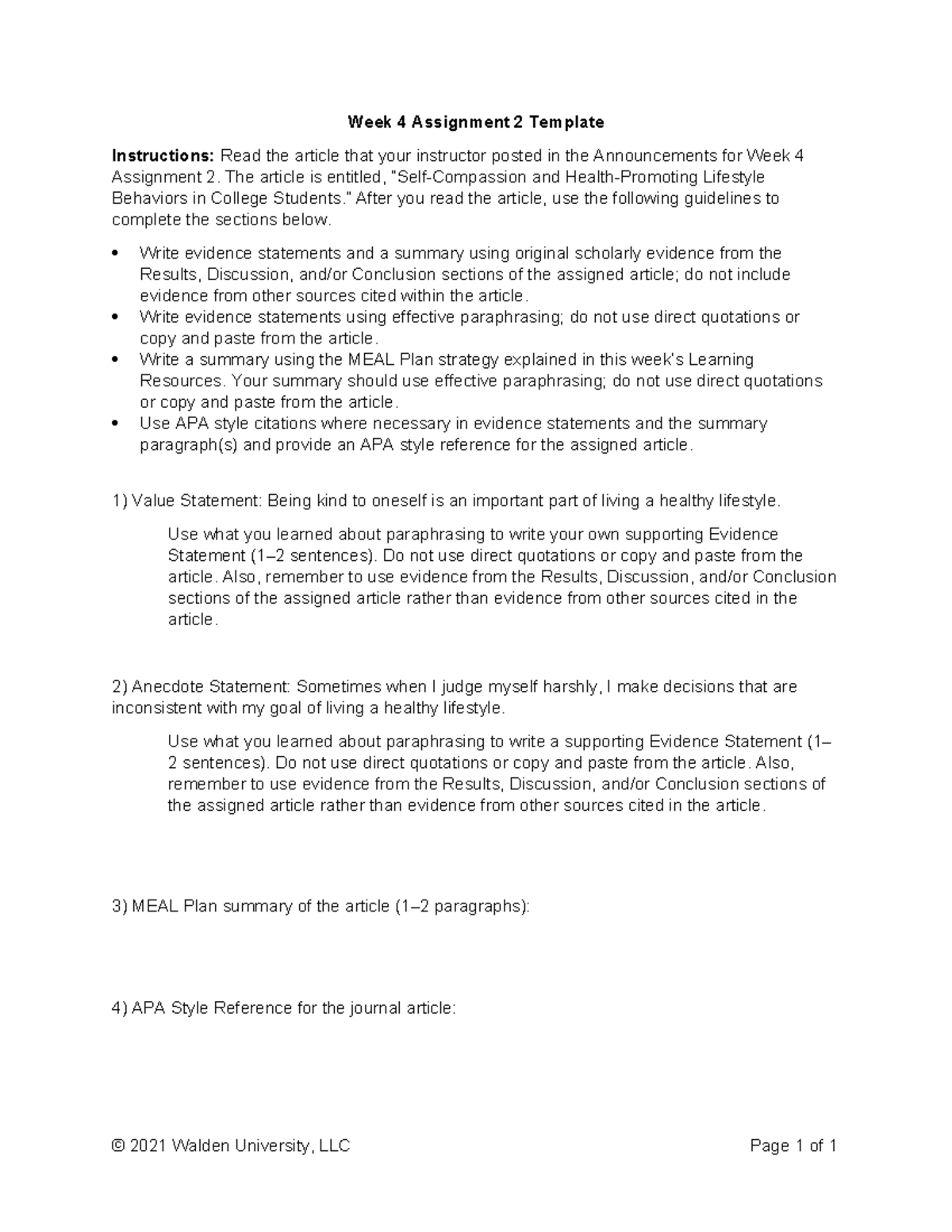 Week 4 Assignment 2 Brown C Week 4 Assignment 2 Template Instructions Read The Article That