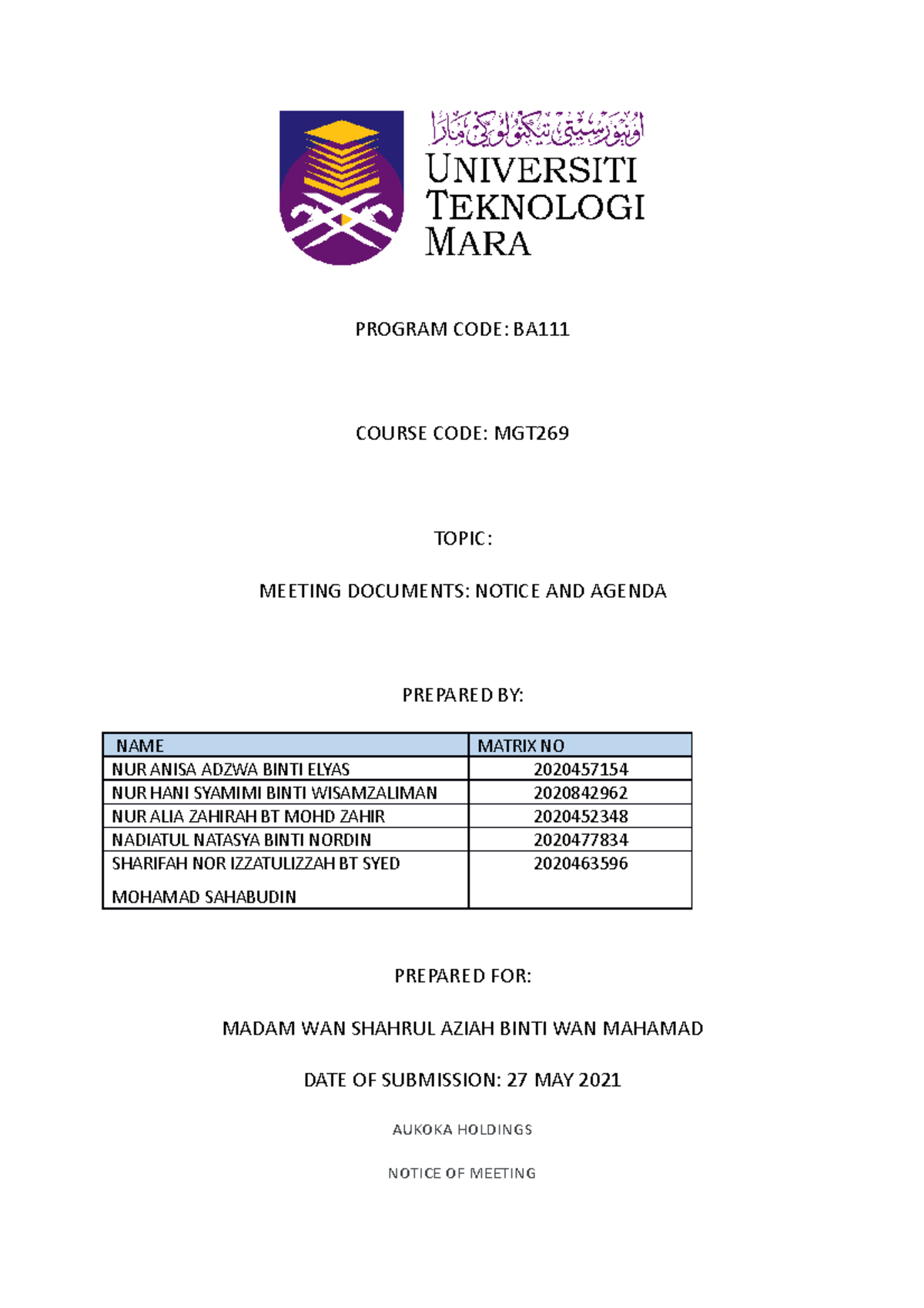 MGT269 Assessment 2 Meeting Documents Notice AND Agenda - PROGRAM CODE ...