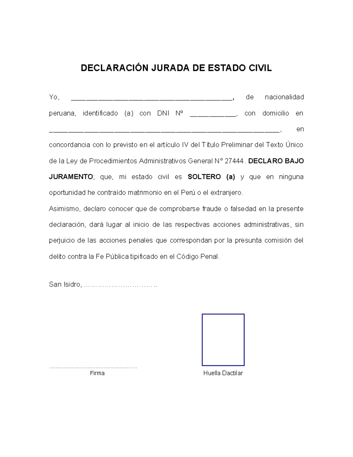 Declaración Jurada Simple de Estado Civil - DECLARACIÓN JURADA DE ESTADO CIVIL Yo, - Studocu