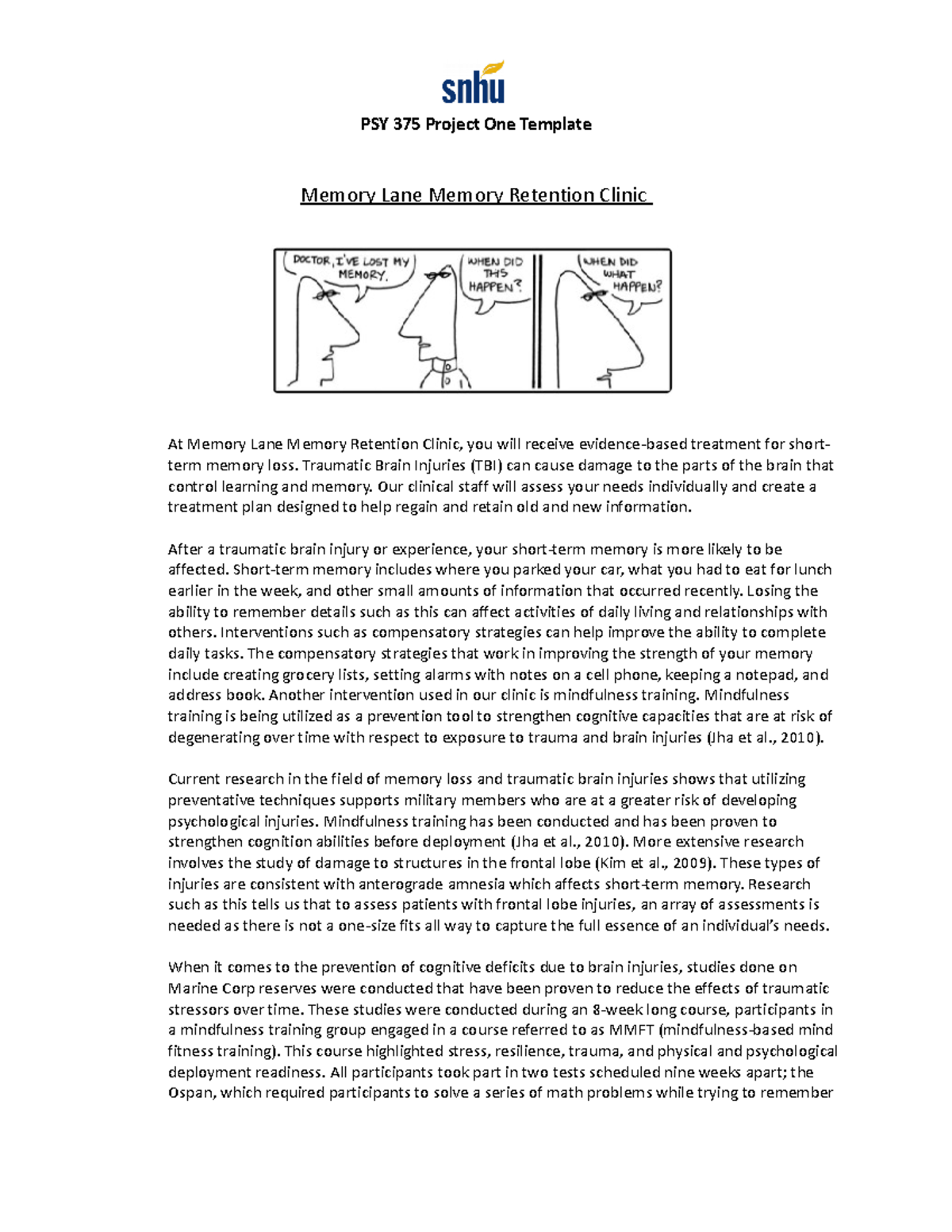 PSY 375 Project One - PSY 375 Project One Template Memory Lane Memory Retention Clinic At Memory ...