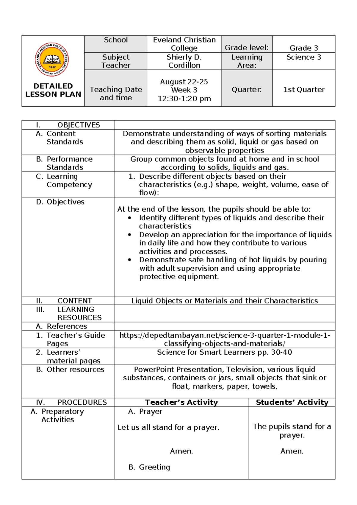 SCI 3- Q1- WEEK 3 - N/A - DETAILED LESSON PLAN School Eveland Christian ...
