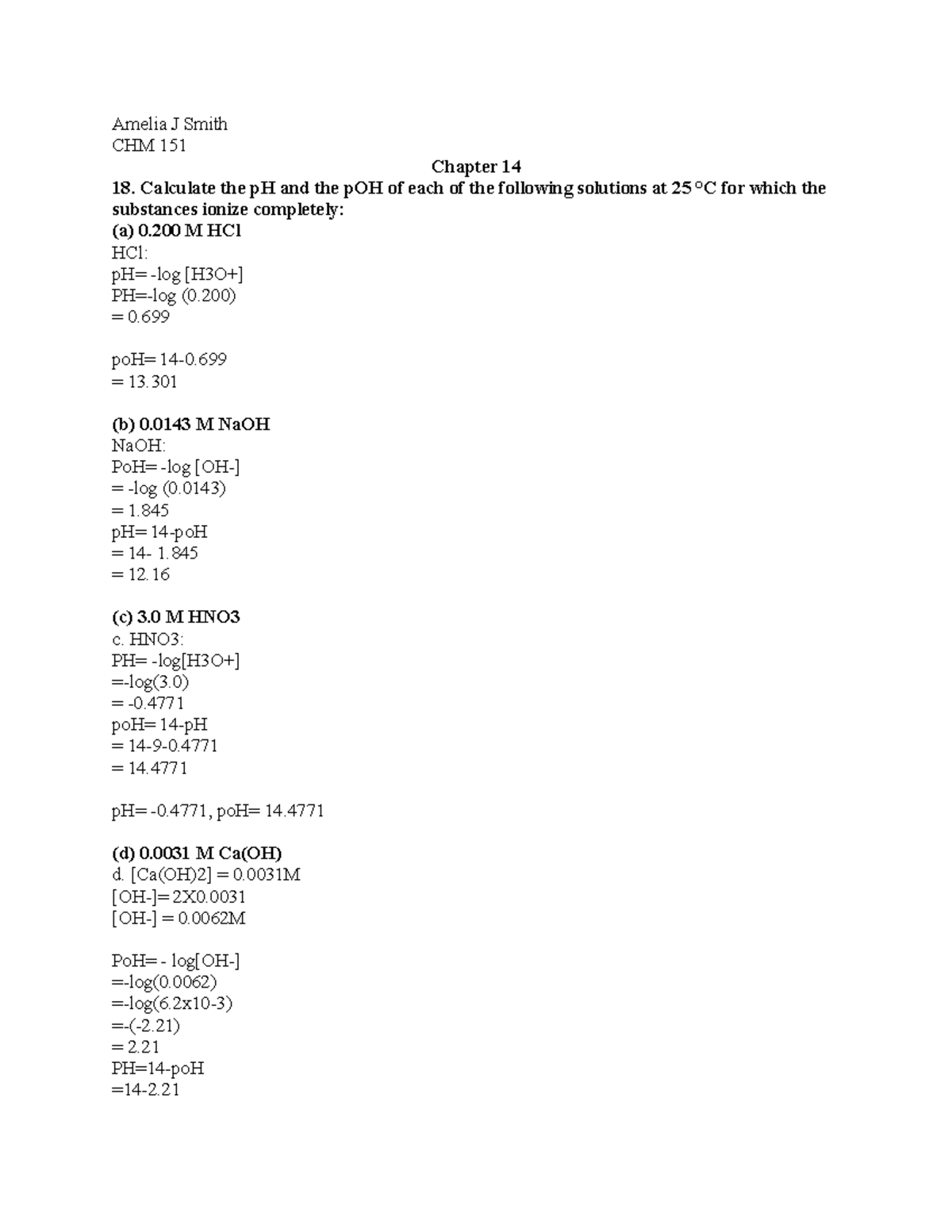 Chapter 14 - Notes - Amelia J Smith CHM 151 Chapter 14 18. Calculate ...