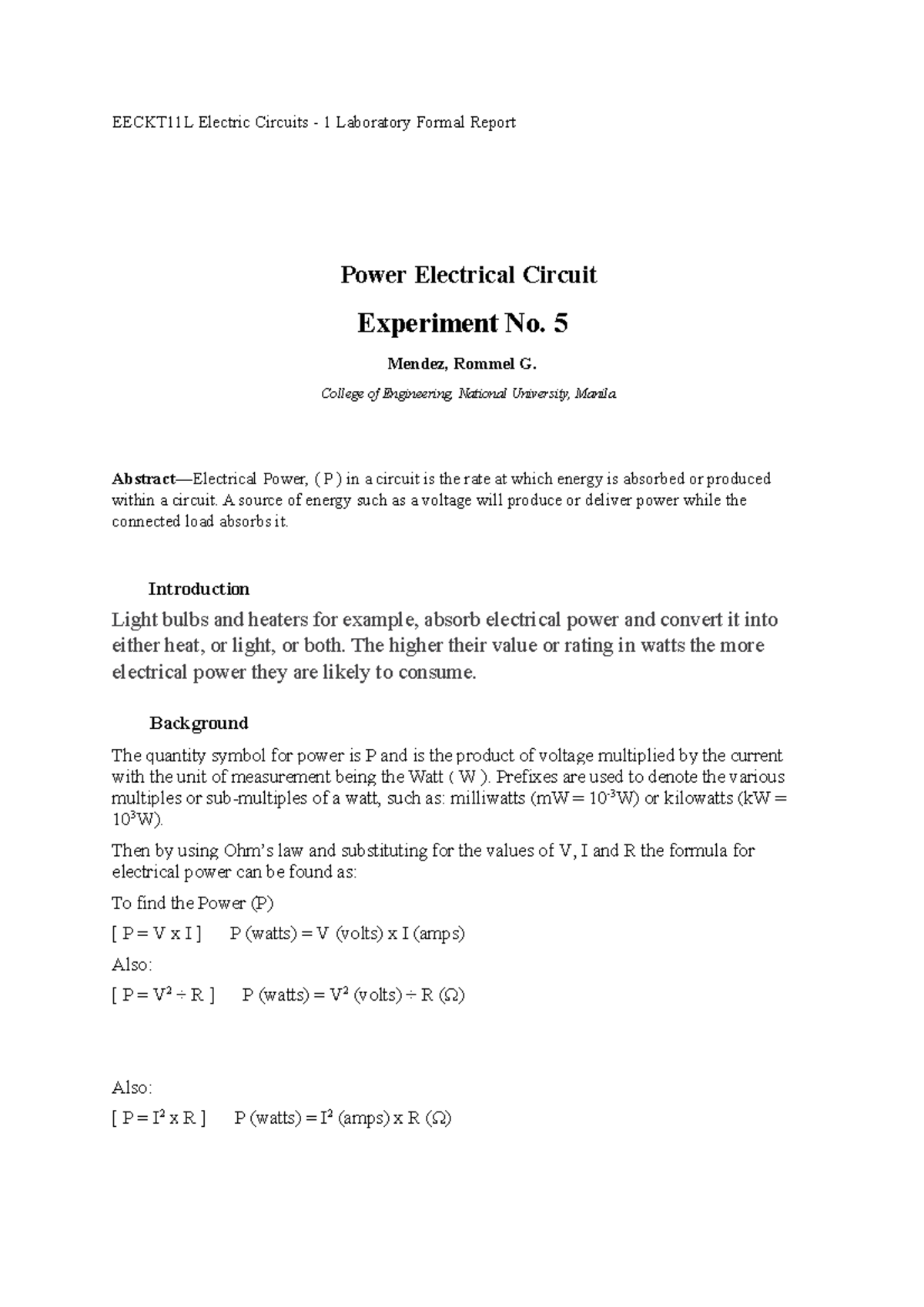 LAB 5 - hasdfasdfa - EECKT11L Electric Circuits - 1 Laboratory Formal ...