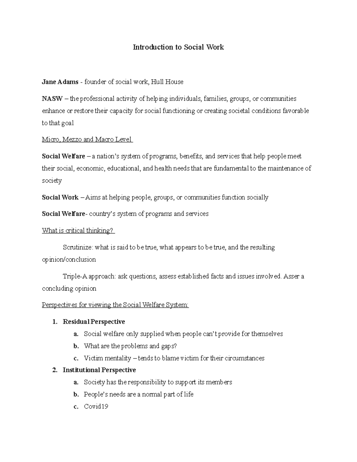 Introduction to Social Work - Asser a concluding opinion Perspectives ...