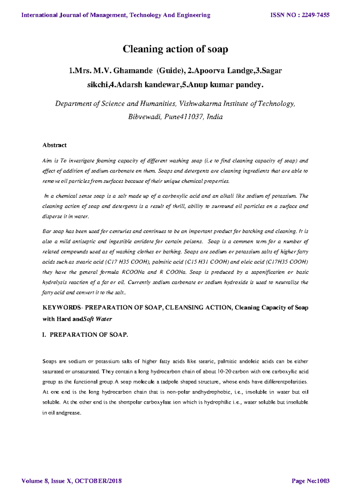 140. oct ijmte - cw - Cleaning action of soap 1. M. Ghamande (Guide), 2 ...
