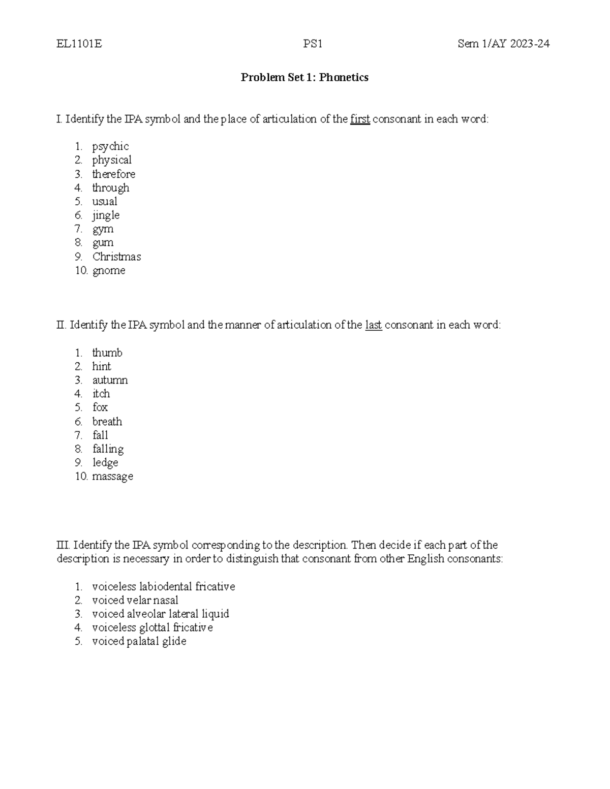 EL1101E 1202324 Tutorial PS01 Phonetics - EL1101E PS1 Sem 1/AY 2023- Problem Set 1: Phonetics I ...