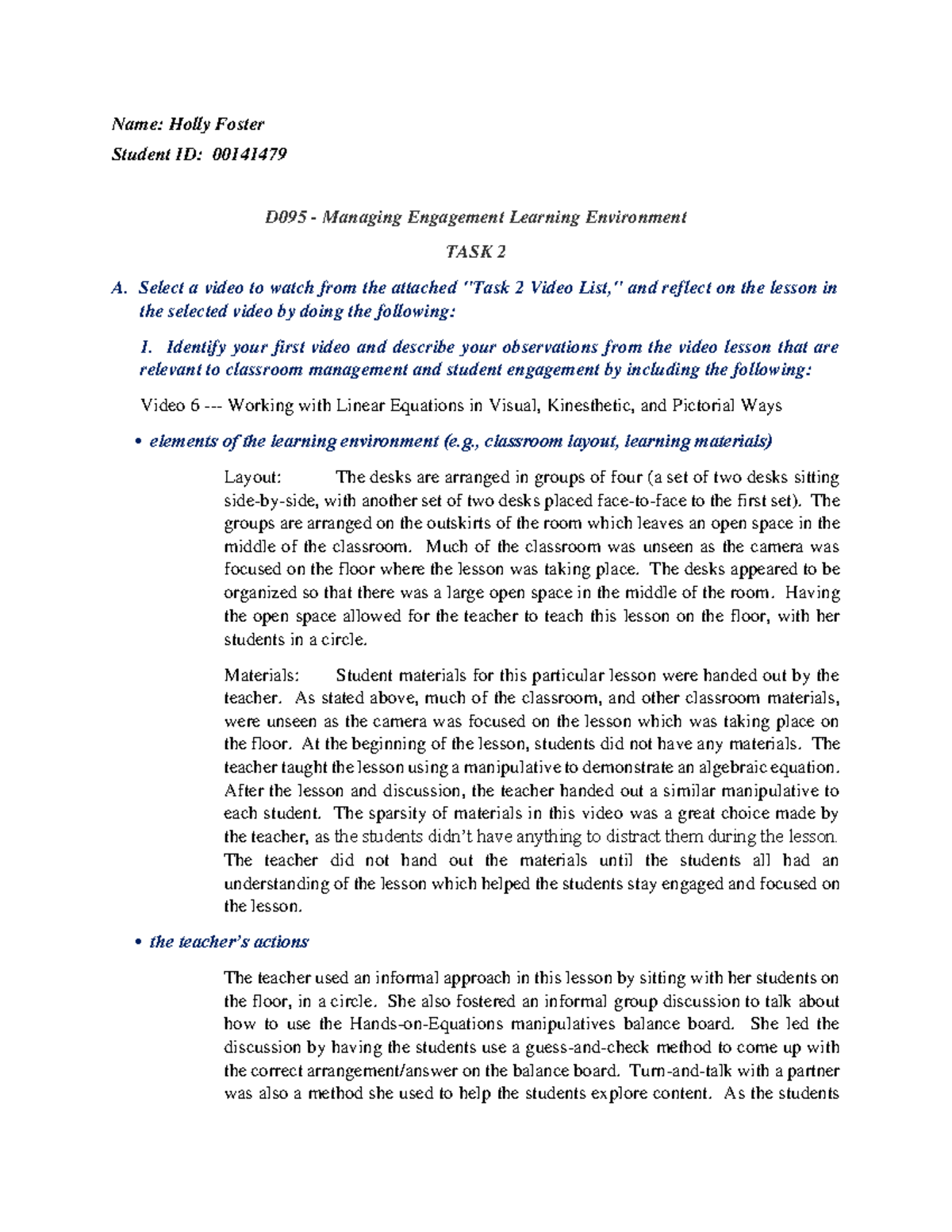 Task 3 Responses WGU Managing Engaging Learning Environments - Name ...