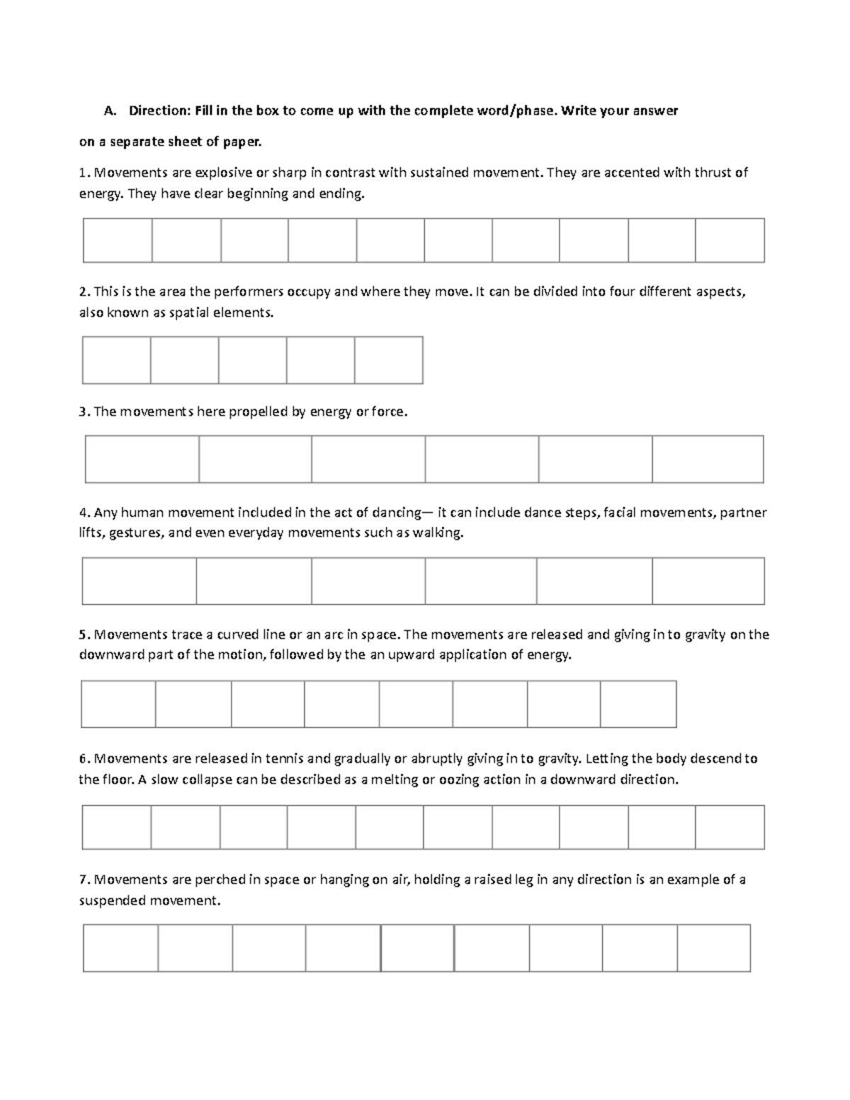 Seatwork - Physical Education - A. Direction: Fill in the box to come ...