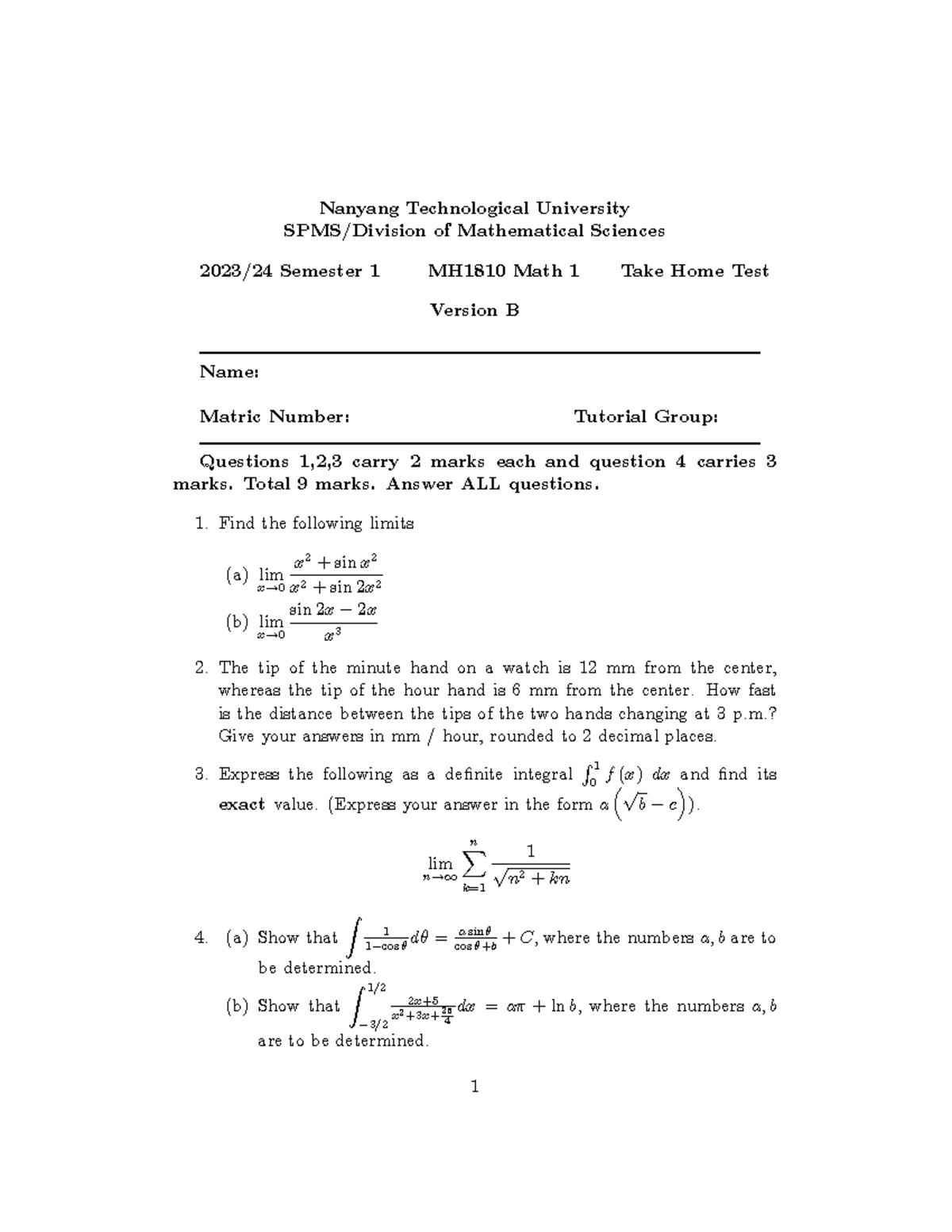 MH1810 Take Home Test 2023 Version B - Nanyang Technological University ...