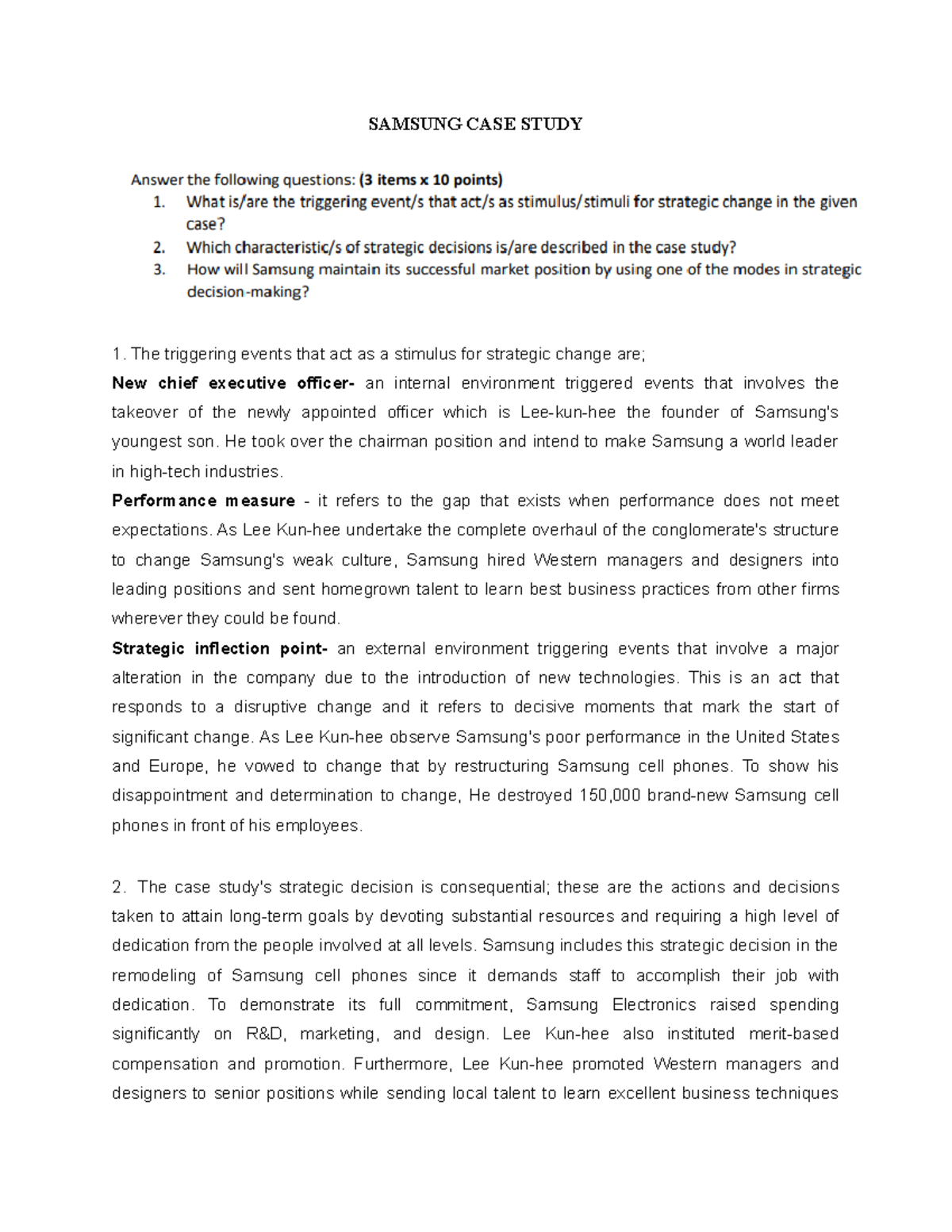 Samsung CASE Study - nothing - SAMSUNG CASE STUDY The triggering events that act as a stimulus ...