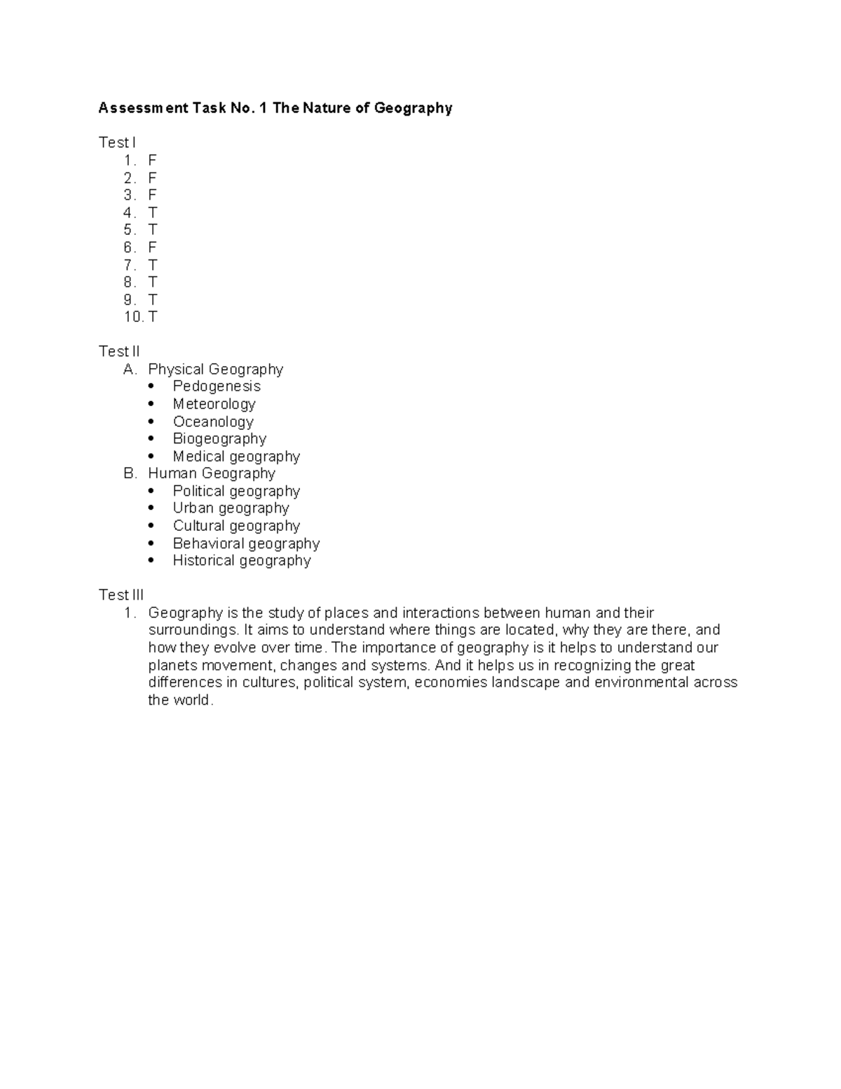 Assessment Task No. 1 The Nature of Geography - Assessment Task No. 1 ...