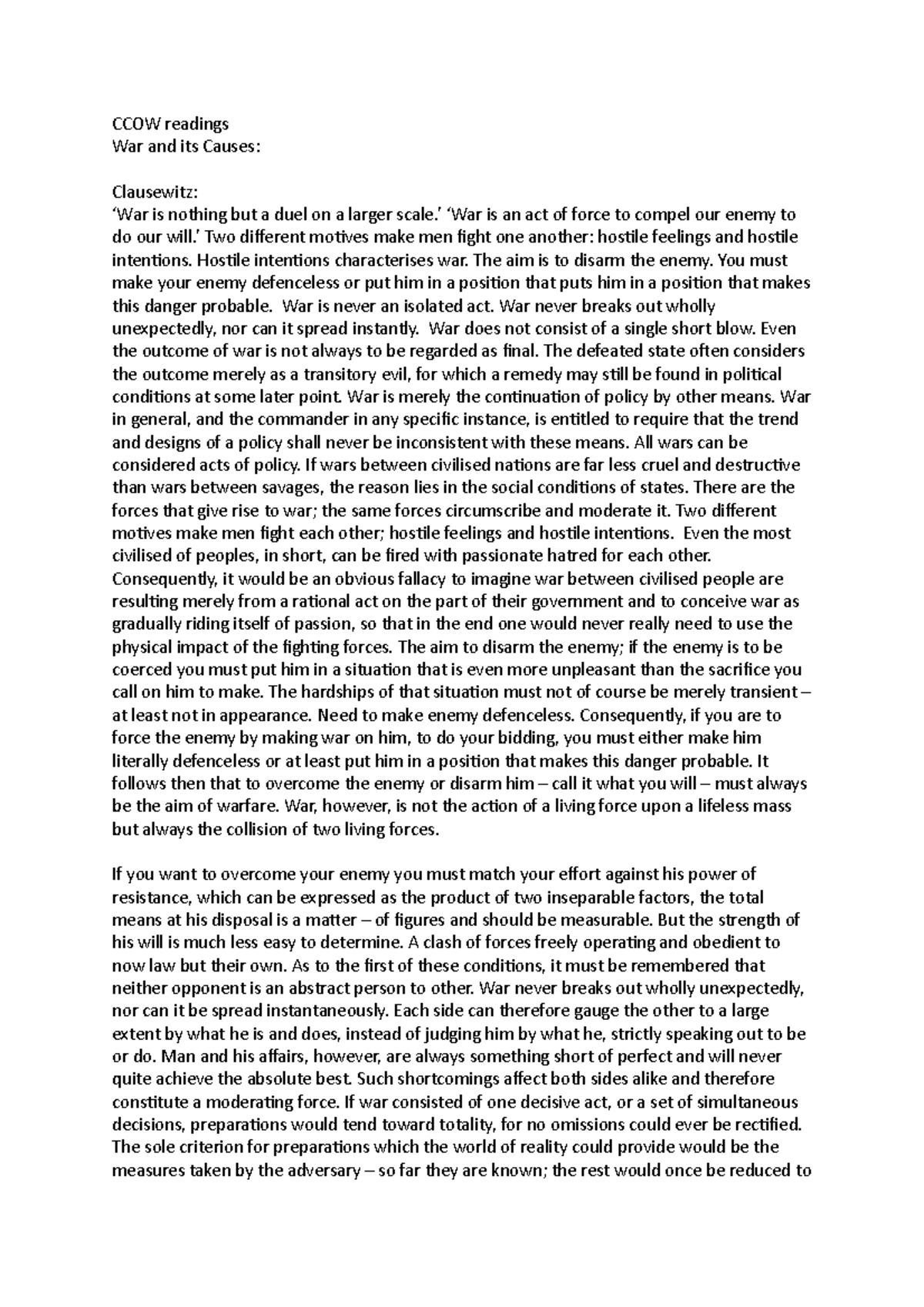 CCOW readings - CCOW readings War and its Causes: Clausewitz: ‘War is ...