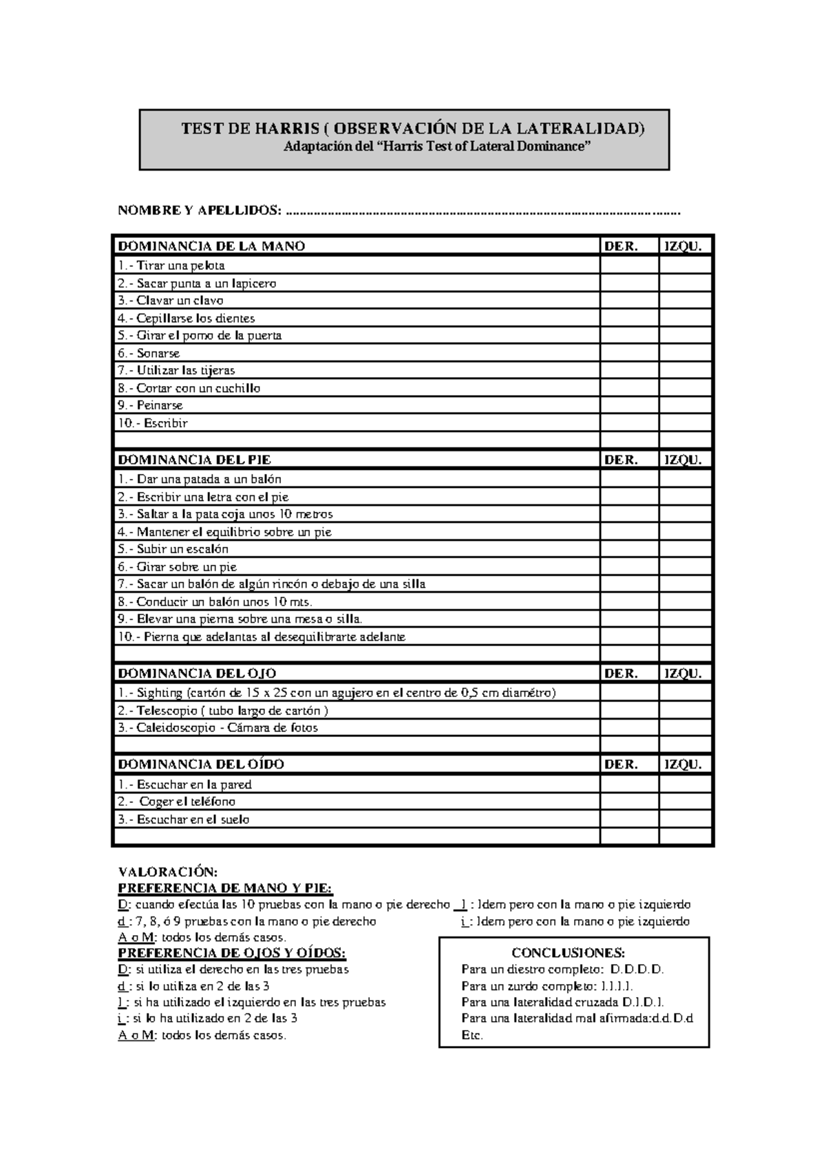 Test Harris Dominancia Lateralidad - TEST DE HARRIS ( OBSERVACIÓN DE LA ...